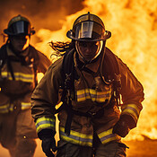 Firefighters running with fire in background. Safety, protection, and ...