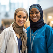 Portrait of two muslim women health concept. Doctors posing wearing ...