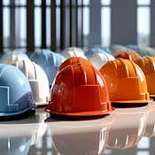 Multicolour construction hard hats stacked on floor in rows. Safety at ...