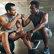 Fitness, men and fist bump in gym with confidence, workout motivation ...