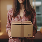 Young woman carrying large box during a move to new home or package ...
