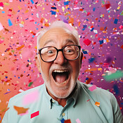 Happy laughing man with falling confetti. Birthday, New Year, fun ...