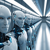 Group of cyborgs or robots in factory. Robotic employment or human ...