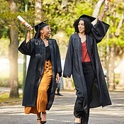 Graduate diploma, walking and happy friends celebrate learning success ...