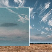 Ufo, spaceship in sky and alien on camera screen outdoor in nature or ...