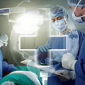 Surgery overlay, doctors and discussion on folder, hospital emergency ...