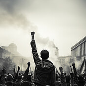 Protester raising fist above crowd. Human rights. Activism concept ...