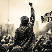 Protester raising fist above crowd. Human rights. Activism concept ...
