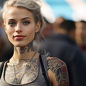 Portrait of attractive tattooed model in street. Alternative lifestyle ...
