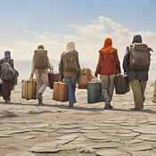 Refugees walking with bags and suitcases. War zone, homeless seeking ...