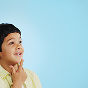 Surprise, boy and child with decision, thinking and brainstorming on a ...