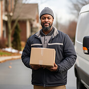Portrait of happy uniformed delivery man in city street. Package in ...