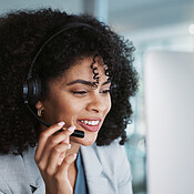 Computer, call center and funny woman talking in customer service, tech ...