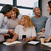 Teamwork, happy or business women with phone for gossip news, social ...