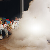 Chemistry, science education and smoke with students and classroom with ...