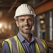 Portrait of smiling civil engineer or professional building constructor ...