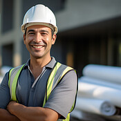 Portrait of smiling civil engineer or professional building constructor ...