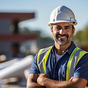 Portrait of smiling civil engineer or professional building constructor ...
