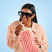 Woman, comedy film and 3D glasses with popcorn, streaming and ...