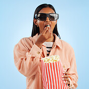 Woman, cinema and 3D glasses with popcorn, streaming and entertainment ...