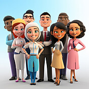 Studio portrait of 3d cartoon characters. Happy cgi people on clear ...