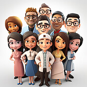 Studio portrait of 3d cartoon characters. Happy cgi people on clear ...