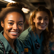 Group of paramedic staff posing for photo in ambulance. Group portrait ...