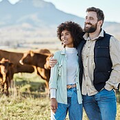 Happy, cow and relax with couple on farm for agriculture, nature and ...