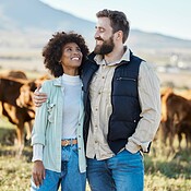 Happy, cow and love with couple on farm for agriculture, nature and ...