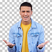 Confused, annoyed and portrait of a man in a studio with a doubt, upset ...