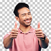 Portrait, thumbs up and wink by asian man in studio with positive ...