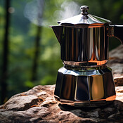 Close-up of coffee maker. Camping and cooking in nature equipment ...