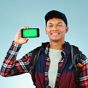 Hiking, green screen and man with a smartphone, portrait and happiness ...