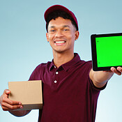 Delivery person, tablet and green screen in studio for smile, mockup ...