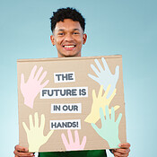Man, protest poster and studio portrait for accountability to stop ...