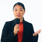 Asian presenter woman, microphone and tv news studio in portrait ...