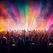 Cheering, crowd or group of people dancing with their hand raised at ...