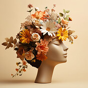 Flowers, mental health and awareness sculpture of a head for brain ...