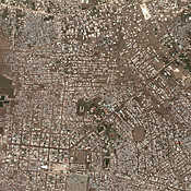 Satellite, landscape and map with Earth and city, geography or ...