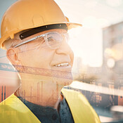 Face, vision and double exposure with an old man construction worker on ...