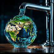 Water, planet Earth, and conservation concept for saving water. Flowing ...