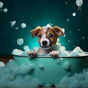 Cute puppy, bath-time excitement, surrounded by bubbles and playful ...