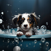 Cute puppy, bath-time excitement, surrounded by bubbles and playful ...