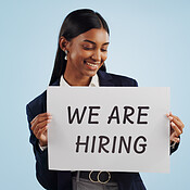 Happy business woman, hiring and sign for advertising or opportunity ...