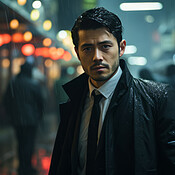 Asian man, night and mafia with city street, spy and mysterious in rain ...