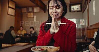 Restaurant, praying and Japanese woman with food for lunch, dinner and ...