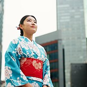 Thinking, Japanese woman and ideas with decision, buildings and ...