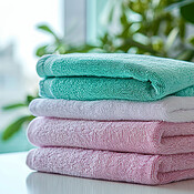 Hotel towel, laundry and clean fabric background for laundromat ...