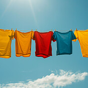 Cloth, laundry or colourful fabric hanging on a washing line for ...