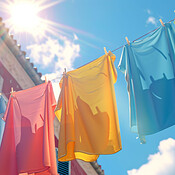 Cloth, laundry or colourful fabric hanging on a washing line for ...